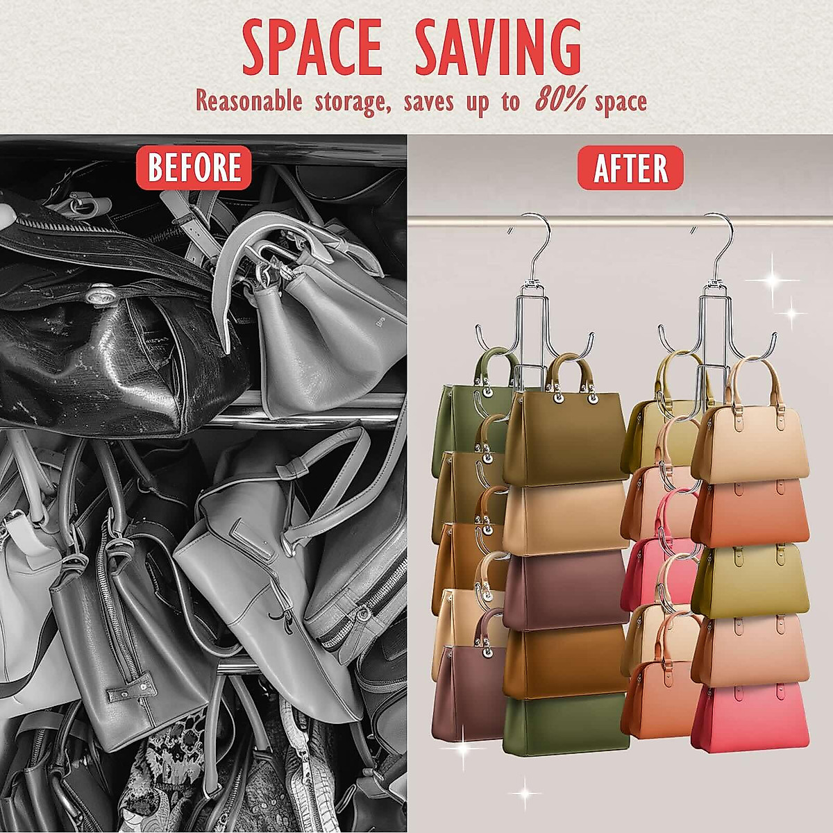 Purse Organizer for Closet, Upgraded Purse Hanger with 10 Big Hooks, 360 Degree Rotation for Better Organizer&Display, Collapsible Space Saving Hangers Rack for Handbag, Belt, Scarve, Tie