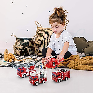 KeepRunning 4 Pack Friction Powered City Fire Rescue Vehicle Truck Car Set Including Helicopter, Boom Lift Truck,Ladder Fire Truck, and Fire Engine, with Light and Sounds/Sirens