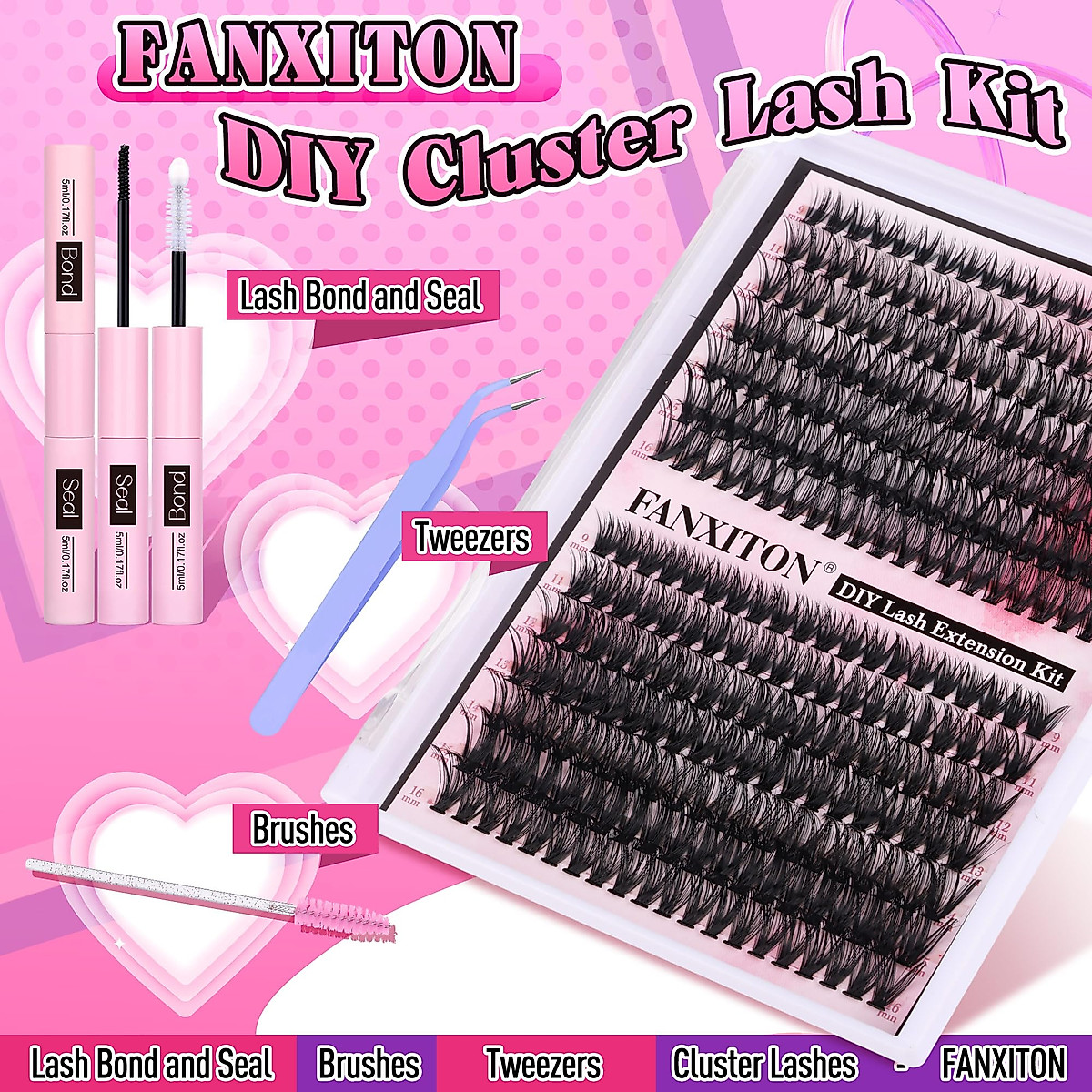 FANXITON DIY Lash Extension Kit - Volume Clusters 40D+50D D Curl Individual Lashes, Thick Eyelash Extension 280 pcs, Thin Band, Bond and Seal, Tweezers