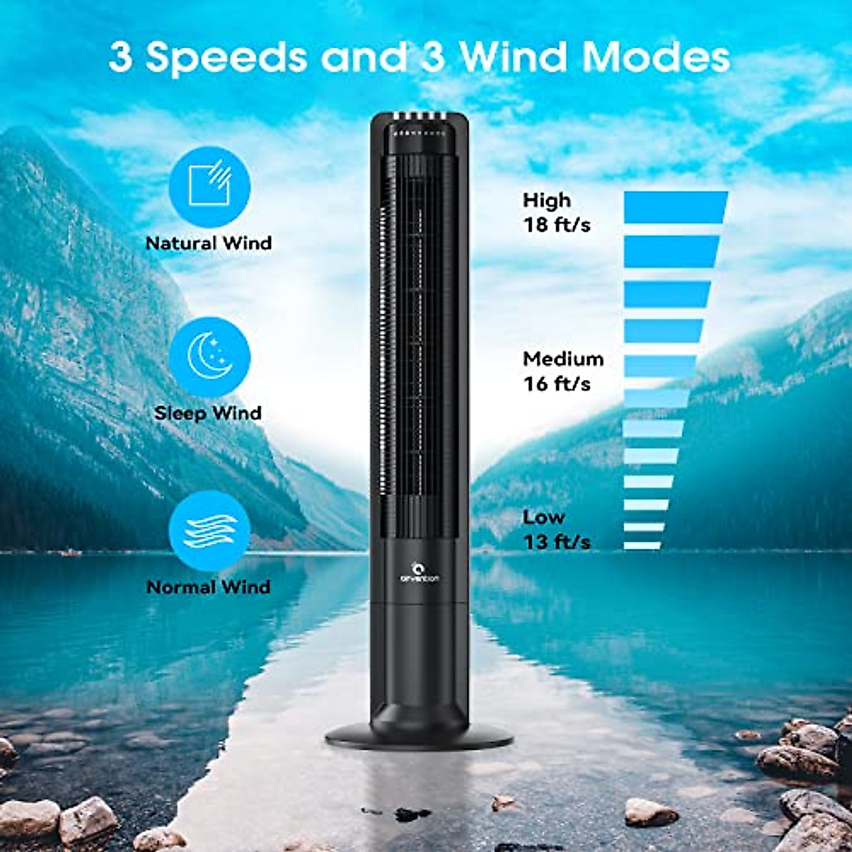 Airvention 115° Oscillating Modern Tower Fan for Bedroom, 43'' Standing Fan with Remote, 7.5H Timer, 28dB Ultra Quiet Cooling Floor Fan for Home, Office or Bedroom, 3 Speeds, 3 Modes, X01A, Black