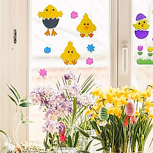 4Pcs Easter Window Clings for Glass Windows, Easter Decorative Gel Window Clings for Kids, Colorful Printed Easter Stickers with Bunny Carrot Egg Chick Flowers Clear Stickers, Removable Holiday Decals