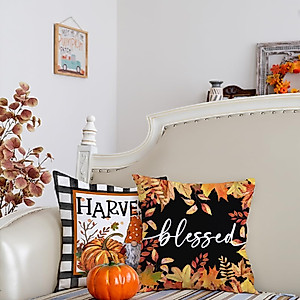GEEORY Fall Decorative Throw Pillow Covers 18 x 18 Inch Set of 4, Thankful Grateful Blessed Harvest Pumpkin Gnome Thanksgiving Fall Decor Outdoor Farmhouse Pillow Cases for Home Couch G345-18