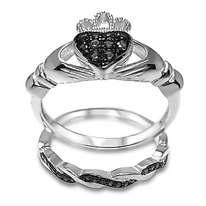 CZ Bridal Wedding Engagement Ring Set Simulated Black Diamond Sterling Silver (9)