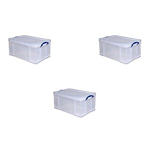 Really Useful Clear Transparent Plastic Storage Box, 64 Liters Features Attached Handles Make It Easy to Carry (Three Pack)