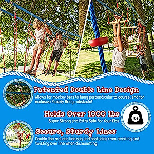 Ninja Slackline Obstacle Course for Kids - 80 Foot Line | Monkey Bars Playground Equipment | Ninja Warrior Course with Monkey Bars for Kids | (Rickety Bridge Edition) - Patented Double Line