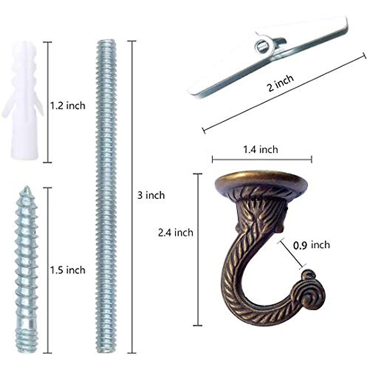 3 Sets Large Swag Ceiling Hooks Heavy Duty Swag Hook with Hardware for Hanging Plants Ceiling Installation Cavity Wall Fixing (3, Antique Brass)