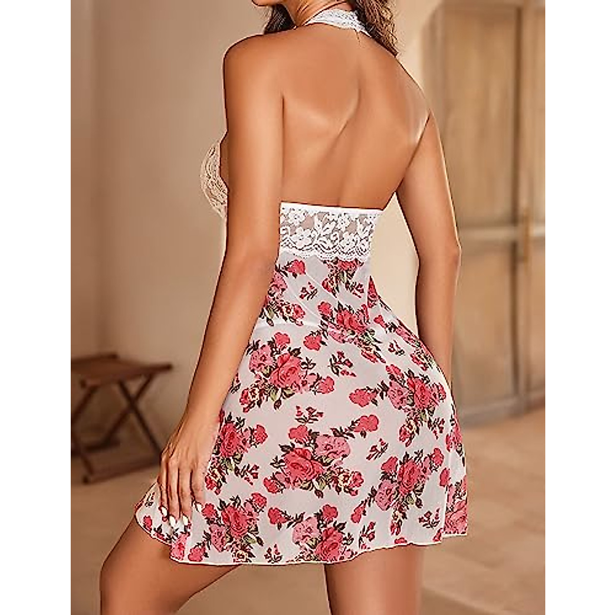 Avidlove Babydoll for Women Halter Lace Teddy Mesh Sexy Lingerie Set Nightwear Pink Floral