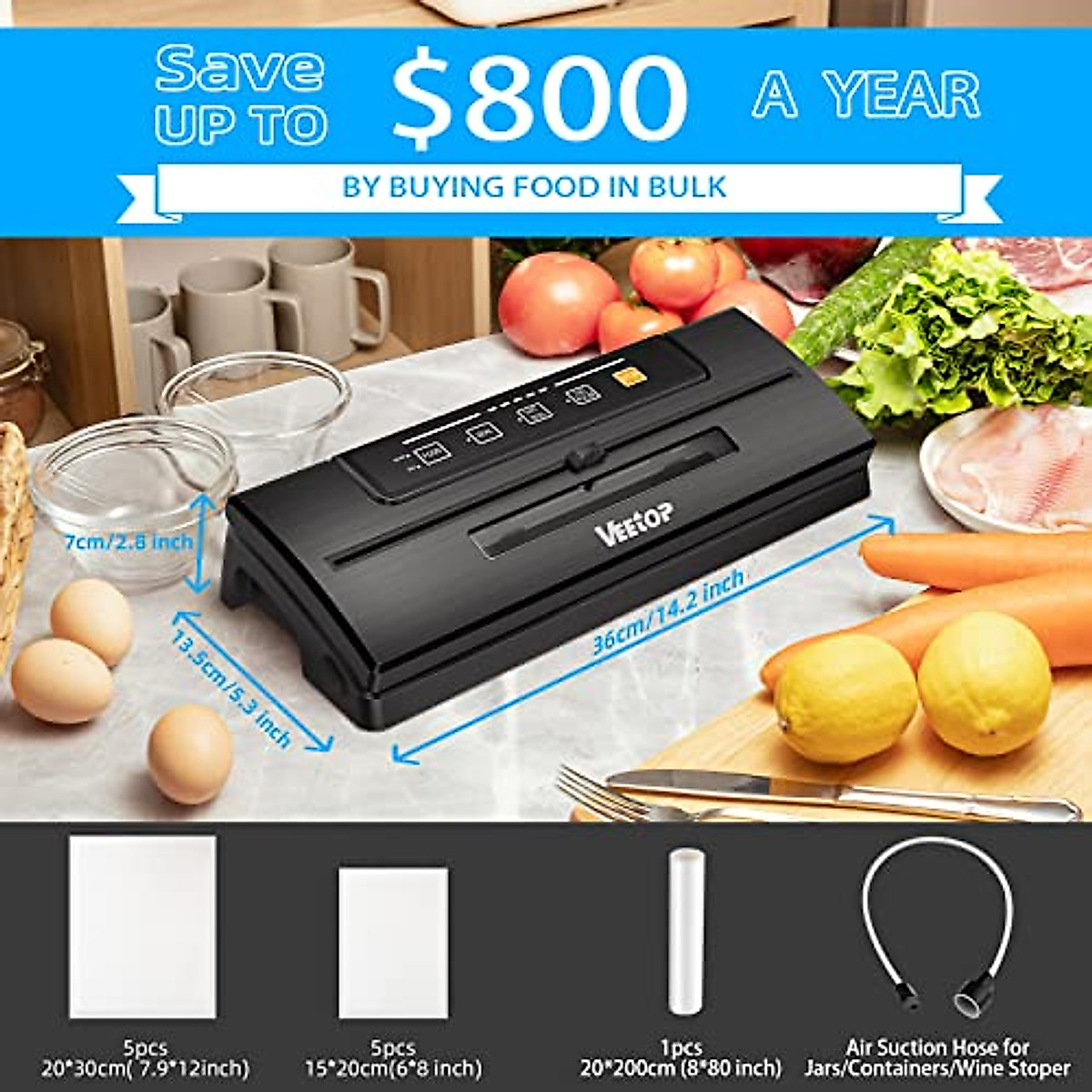 Vacuum Sealer Machine, Veetop Automatic Vacuum Food Sealer with Starter Kit, Dry Moist Pulse Mode Food Storage Machine with Build-in Cutter, Includes 1 Vacuum Roll (8*80”) & 10 Vacuum Seal Bags & 1 Air Suction Hose