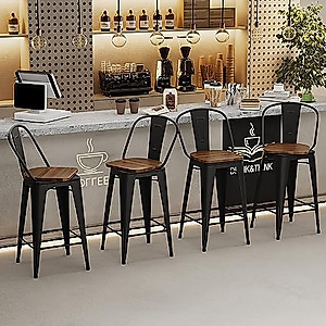 Andeworld 26 Inch Swivel Bar Stools Industrial Metal Barstools High Back Dining Bar Chairs Counter Height Stools with Wooden Seat Set of 4(26inch, Black)