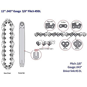 Abroman 2 Pack R45 90px045G Chain 12" Chainsaw Chain 3/8" Pitch .043" Gauge 45DL fits for De-Walt DCCS620 Ryobi RY40500 Black & Decker LCS1240B Worx WG380 Echo CS2511T Craftsman Saw