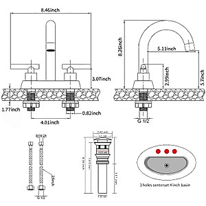 HIHIA Antique Brass Bathroom Faucet 2 Handle Centerset, with Copper Pop Up Drain Without Overflow and Two Water Supply Lines, 4 Inch Bath Lavatory Vanity Faucets Set for Bathroom Sinks