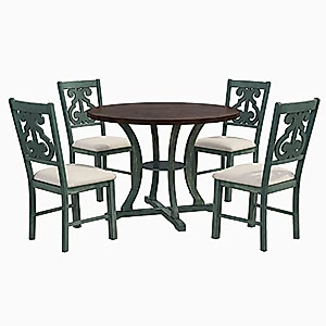 Dinehome 5 Piece Round Wood Dining Table and 4 Chairs Set with Special-shaped Legs and an Exquisitely Designed Retro Hollow Back, Antique Blue + Dark Brown