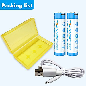 TOMSHEIR 2 Pack 3.7V Rechargeable Batteries with Micro-USB Port Cable 3000mAh Battery for Flashlights, Camera, Headlamps, Doorbells, RC Cars, Sound Equipment