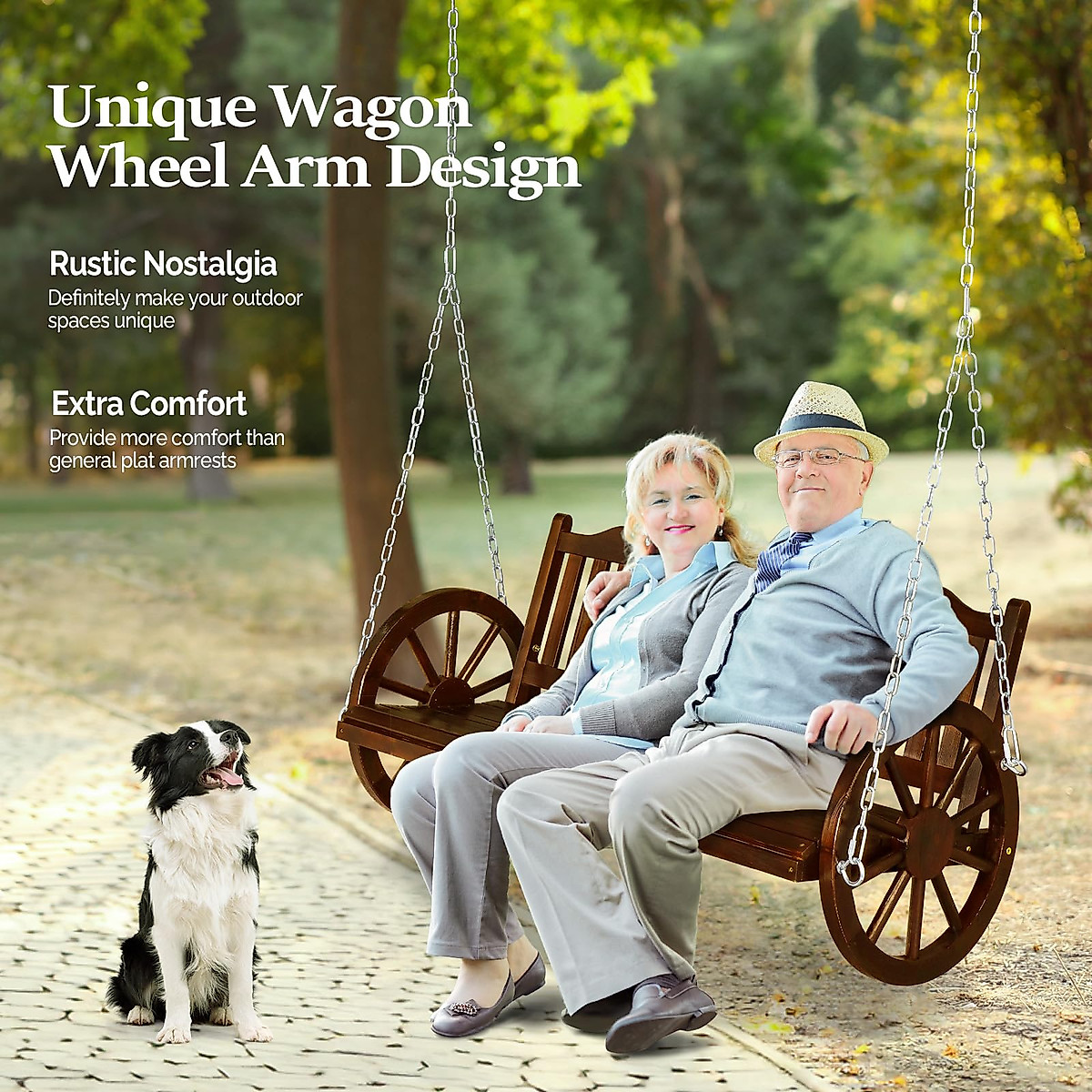 VINGLI Cottage Outdoor Porch Swing, 5 FT Wooden Hanging Swing Outdoor with Wheels Hold 880 LBS, Rustic