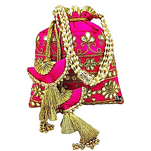 Bombay Haat Ethnic Indian Designer Silk Potli Bag Purse Evening Bag Clutch Purse for Wedding Party Cocktail Prom Gifting (Hot Pink)