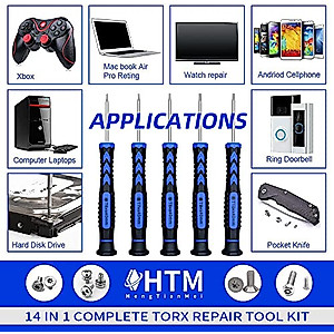 HengTianMei 14 in 1 Torx Screwdriver Set with T1 T2 T3 T4 T5 T6 T7 T8 T9 T10 Security Torx Bit & ESD Tweezers, Magnetic Screwdrivers Precision Repair Kit for Xbox, PS4,Macbook, Computer