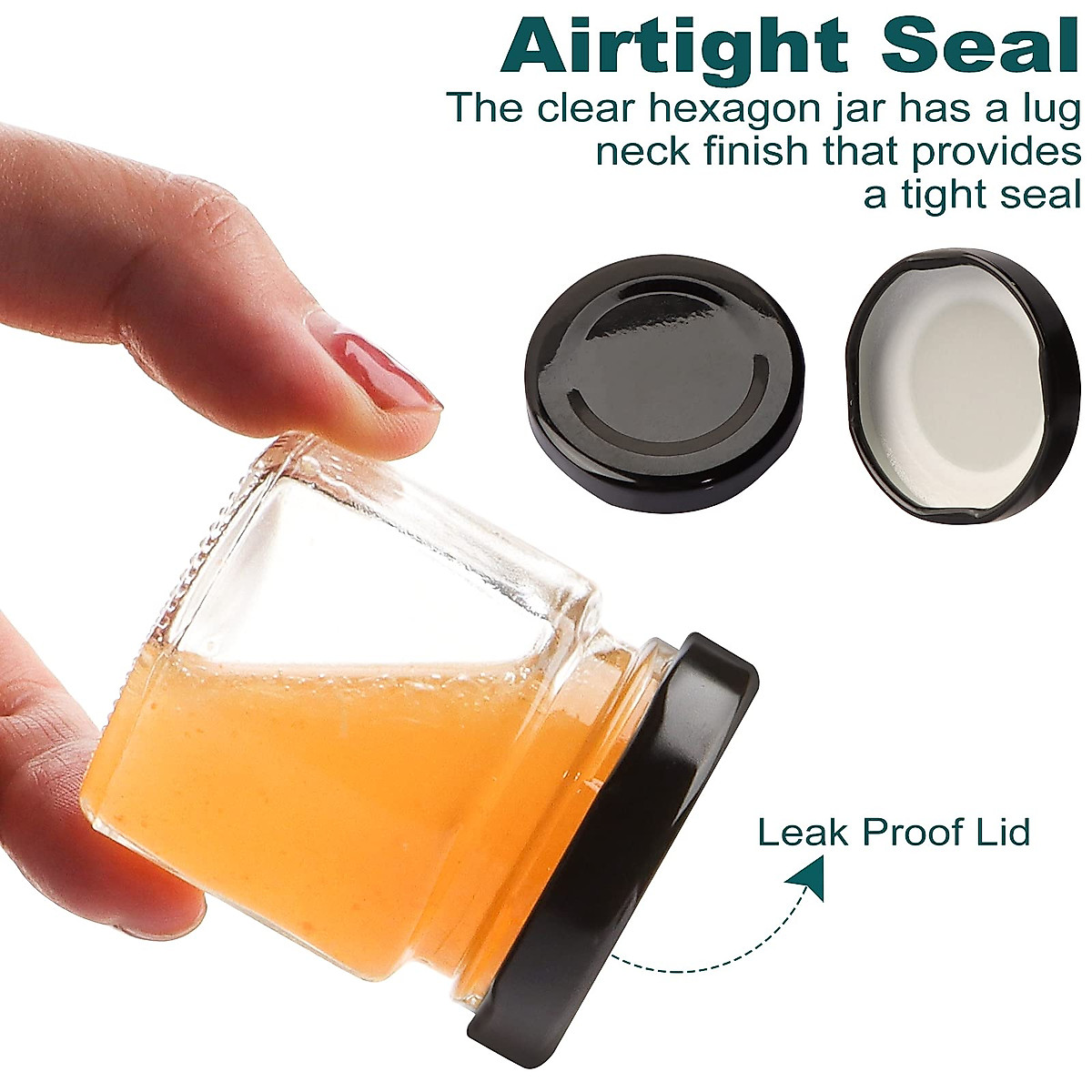 Comrzor 1.5 OZ Mini Hexagon Glass Jars, 48 Pack Empty Honey Jars Small Spice Jars with Black Lids and 50pcs Labels for Jam, Homemade Projects, Gifts, Wedding Party Favors