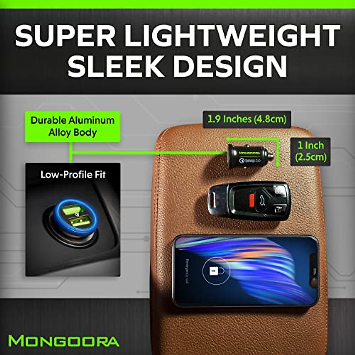 Mongoora Car Charger Adapter - Metal, Portable, 3.0 Car Chargers with Dual USB Ports and Fast Charging Technology - Compatible with iPhone, iPad, Samsung Galaxy - White Elephant, Stocking Stuffers