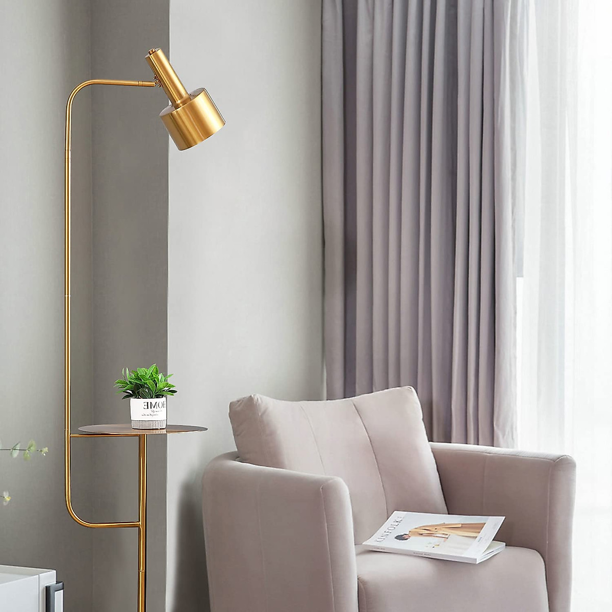 beaysyty Modern Simplicity with Tray Floor Lamp for Office Cafe Den Living Room Bedroom, On/Off Foot Switch and Brass/Gold Finish