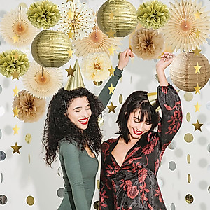 Brown Gold Party Decorations Paper Lanterns Cream Tissue Paper Pom Poms Flowers with Star Garland for Brown Birthday Party Rustic Wedding Baby Shower Retirement Gold Graduation Decorations