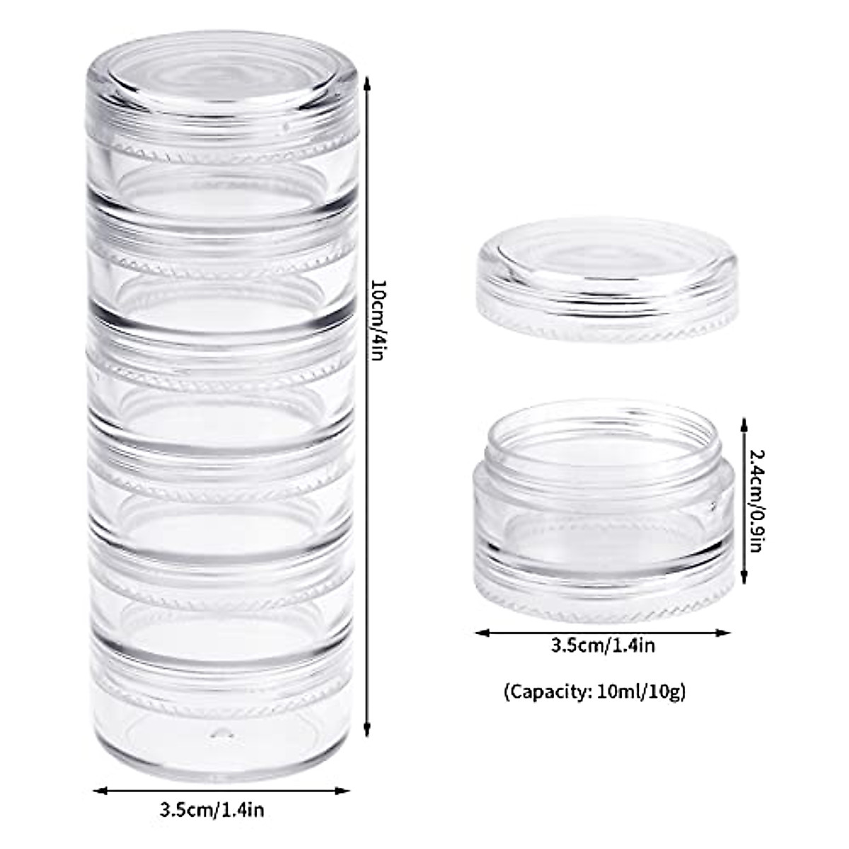 6 Sets 6 Layer Stackable Plastic Containers, Fengek 10G/10ML Clear Cosmetic Storage Box Round Organizer Jars for Beads, Buttons, Small Jewelry Findings