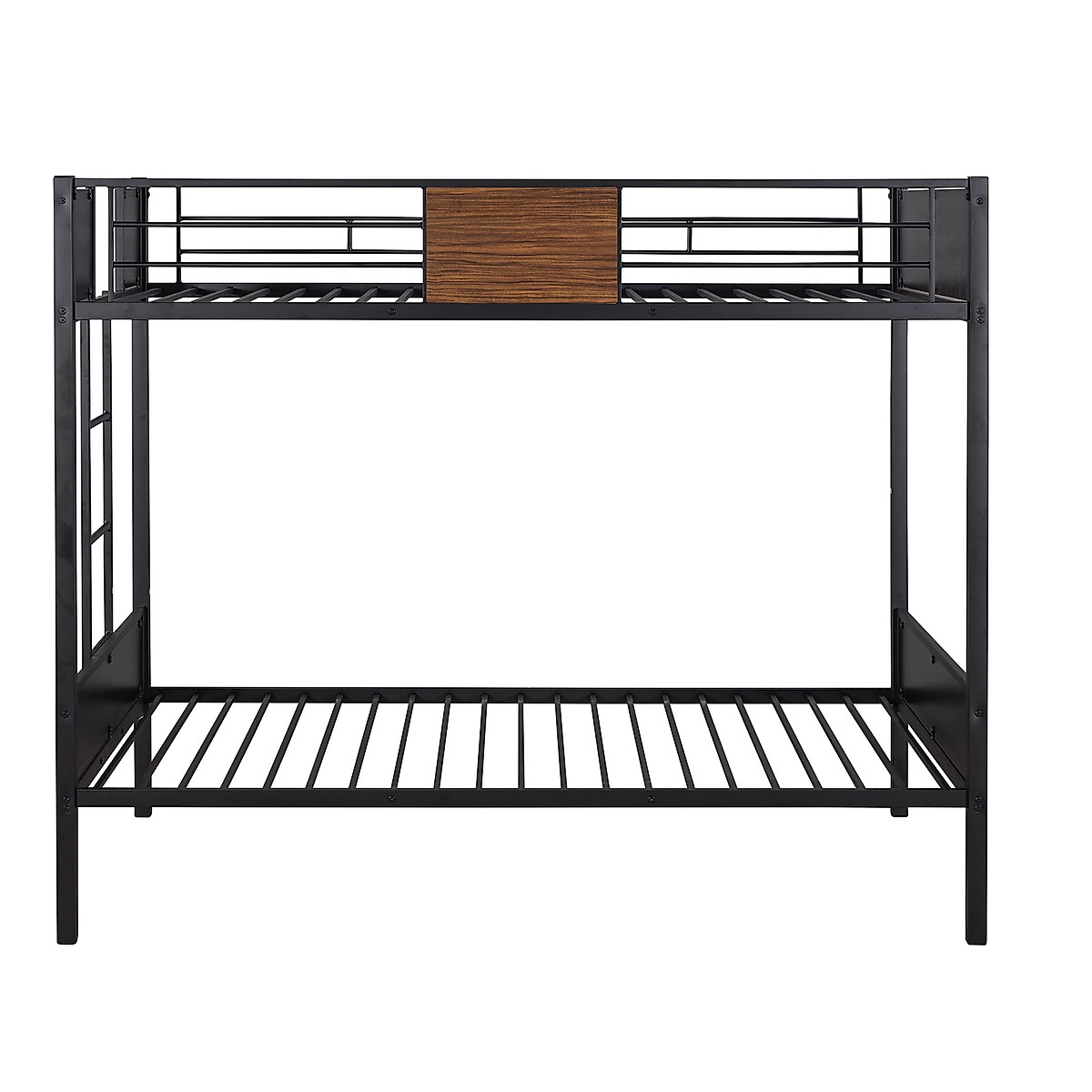 Twin over Twin Metal Bunk Bed, Modern Style Heavy-Duty Steel Frame Bunk Bed with Safety Rail, Built-in Ladder for Bedroom, Dorm, Boys, Girls, Adults (Black + Brown)
