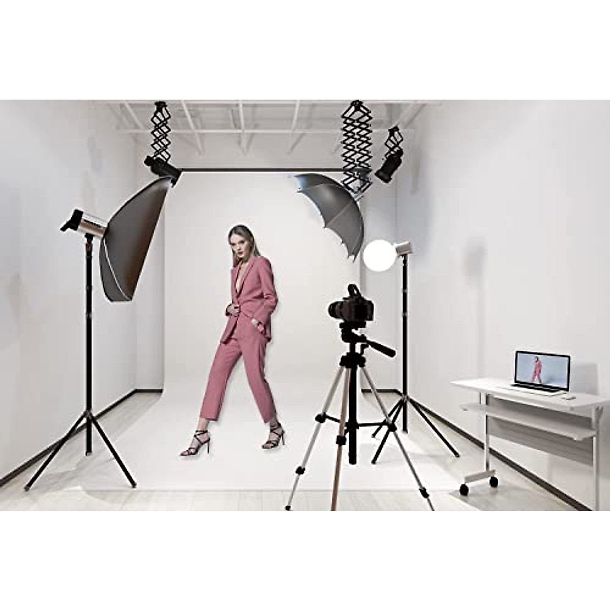 Backdrop Stand with White Backdrop，White Backdrop Stand，White Photo Backdrop with Stand， ​ Polyester White Cloth 6x9 feet Adjustable 8.5x10 Photography Stand 4 Clips