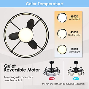 Mpayel Caged Ceiling Fan - Black Modern Ceiling Fans with Remote, Reversible and Dimmable, Low Profile Flush Mount Ceiling Fan with 6-Speed, Bladeless Enclosed Led Fan Light for Bedroom, Kitchen