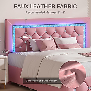 Queen Size Bed Frame with LED Lights, Upholstered Platform Bed with Storage Drawers, Princess Bed with Diamond Headboard and Footboard, No Box Spring Needed, Easy Assembly, Pink