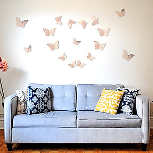 AIEX 24pcs 3D Butterfly Stickers 3 Sizes Wall Decals Room Decoration for Bedroom Party Wedding (Rose Gold)