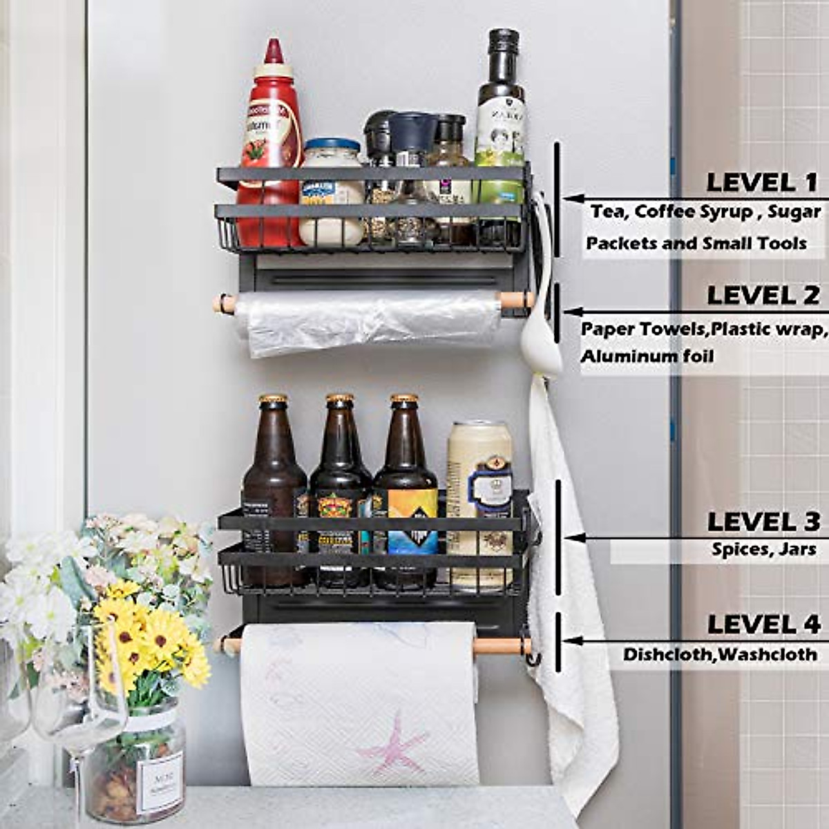 Sleclean Magnetic Spice Rack Organizer for Refrigerator, 2 Pack, Paper towel holder magnetic, Kitchen Magnetic Shelf,13.4"x4.5"x7.1", Black