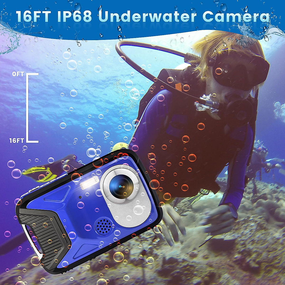 YEEIN Digital Camera 30MP Kids Digital Camera with 32G SD Card and Rechargeable Battery, 18X Digital Zoom Compact Portable Digital Camera for Snorkeling Swimming Blue, 8026BU