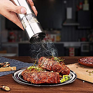 Electric Salt and Pepper Grinder Set Automatic Battery Operated Stainless Steel Spice Mills One Handed Push Button Peppercorn Grinders and Mills