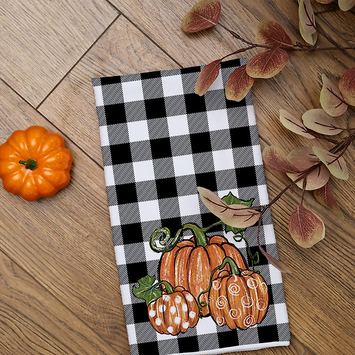 ARKENY Fall Kitchen Towels Set of 2,Black Buffalo Check Pumpkin Autumn Dish Towels 18x26 Inch Drying Dishcloth,Farmhouse Home Decoration AD127