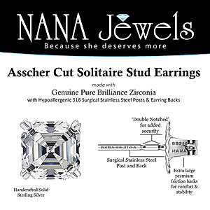 NANA Jewels Asscher Cut CZ Stud Earrings in SS316 Surgical Steel & 925 Silver 4.00ctw Cubic Zirconia - 7mm White