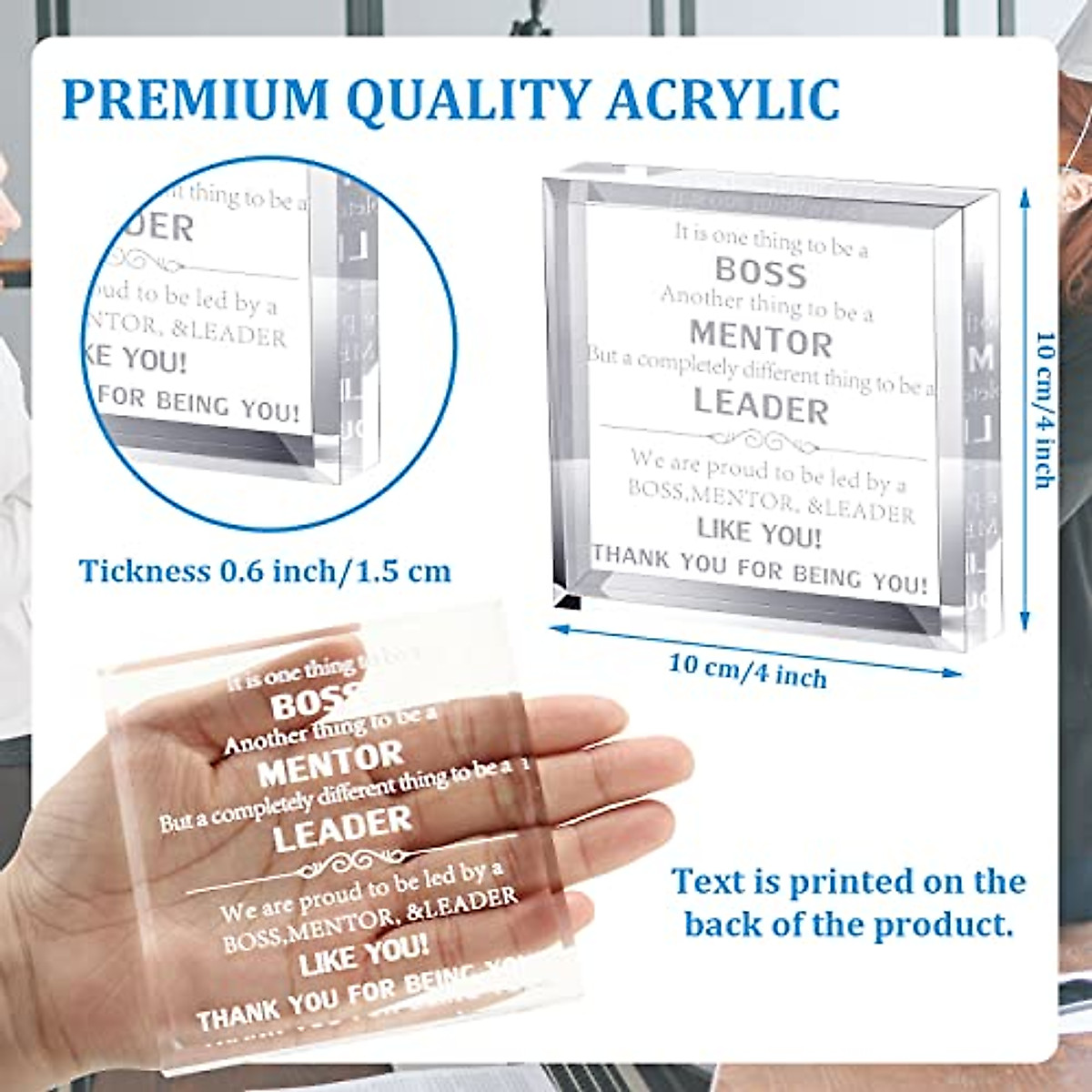 Boss Day Gifts for Women Men Crystal Acrylic Thank You Boss Gift Leaving Going Away Retirement Gifts Boss Lady Desk Gifts Appreciation Gift Plaques for Boss's Birthday Paperweight Keepsake (Square)