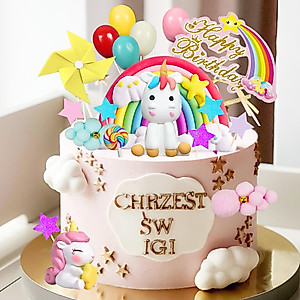 24 PCS Unicorn Cake Topper, Unicorn Rainbow Cake Decorations with Rainbow Stars Unicorn Ballons Happy Birthday Cake Decorations for Boys Girls Kids Birthday (Style 3)