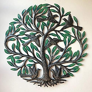 It's Cactus Haitian Hand Painted Tree of Life Wall Decor, Global Art Made in Haiti, Oil Drum Metal Craft with Birds, Decoration for Kitchen or Anywhere in Home, 24 In. x 24 In. (Hand-Painted Tree)