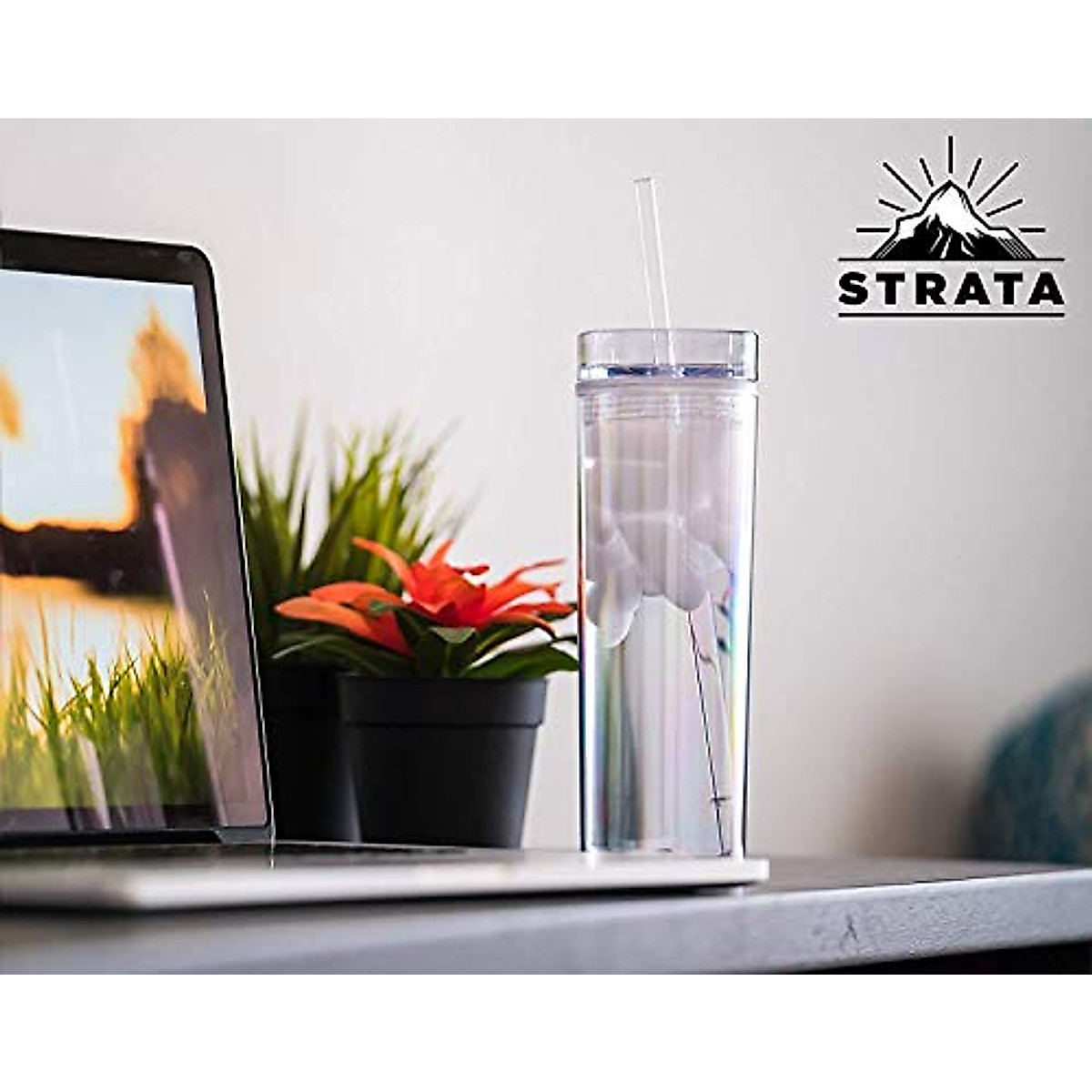 STRATA CUPS SKINNY TUMBLERS 12 Clear Acrylic Tumblers with Lids and Straws | Skinny, 16oz Double Wall Clear Plastic Tumblers With FREE Straw Cleaner & Name Tags! Reusable Cup With Straw (Clear, 12)