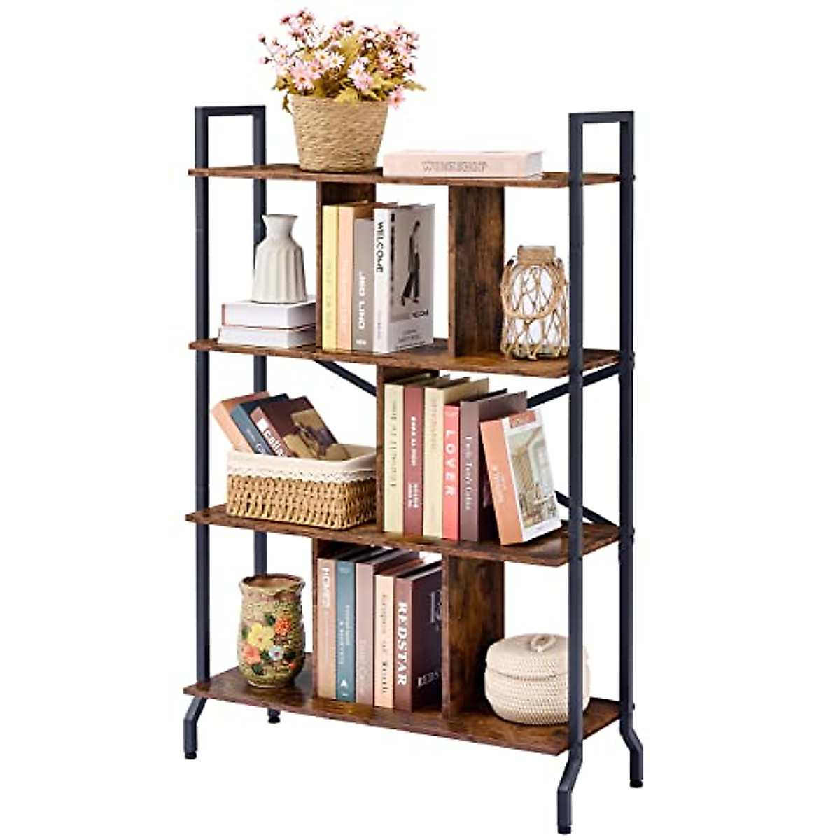 Tajsoon Bookshelf 4 Tier Tall Bookcase, Storage Rack Shelf with Steel Frame, Wood Bookcase Shelf Storage Organizer, Free Standing Storage Shelving Unit for Home Office, Living Room, Bedroom, Kitchen