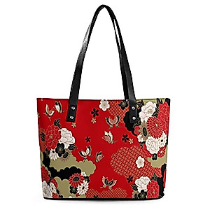 Womens Handbag Japanese Butterfly And Flowers Leather Tote Bag Top Handle Satchel Bags For Lady