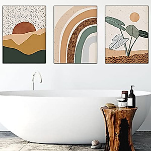 Boho Wall Art Set Of 3, Canvas Print Mid-Century Modern Wall Art Decor 12"x16" Framed Minimalist Sun Plant Geometric Abstract Neutral Boho Wall Decor for Bedroom, Bathroom, Living Room, Office