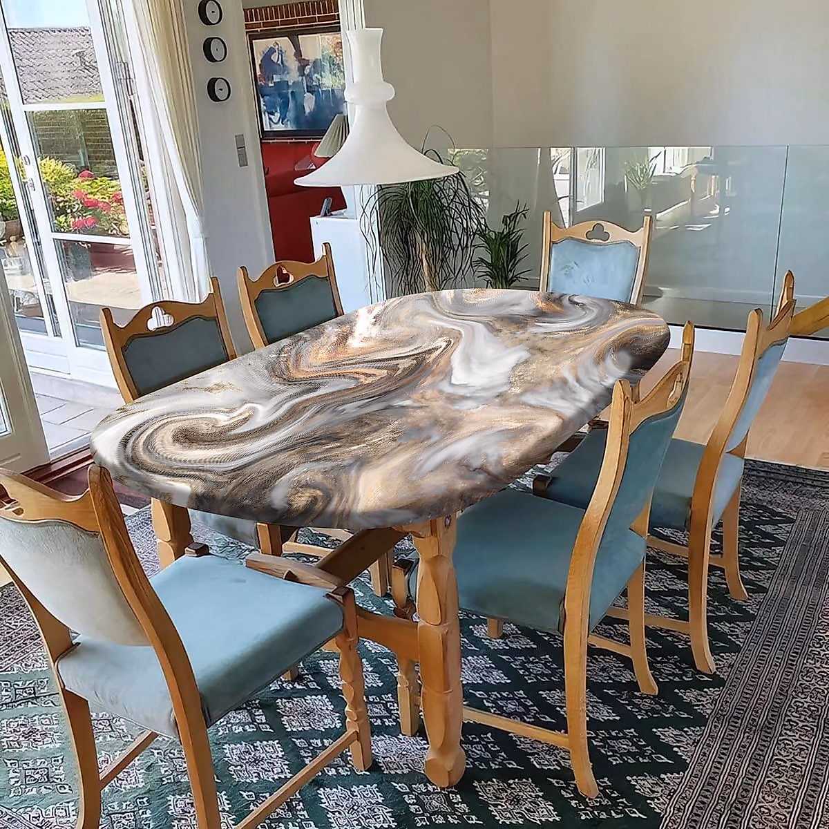 Marble Oval Fitted Tablecloth, Retro Marbling Texture Elastic Edged Table Covers, Sand Brown Wrinkle Resistant Table Cloths for Kitchen Dining, Party, Holiday, Buffet, Fits to 48" x 68" Oval Table