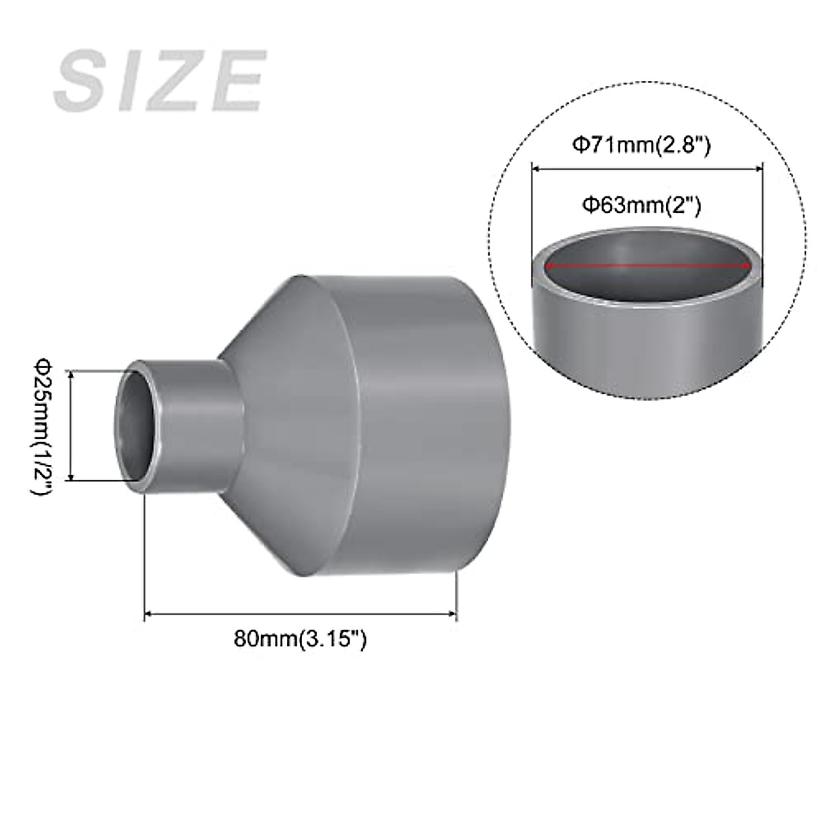 METALLIXITY Duct Reducer, (2 to 1/2 Inch), PVC Pipe Increaser DWV Reducing Coupling - for Water Supplies Build, DIY, Garden Shelf Greenhouse, Gray