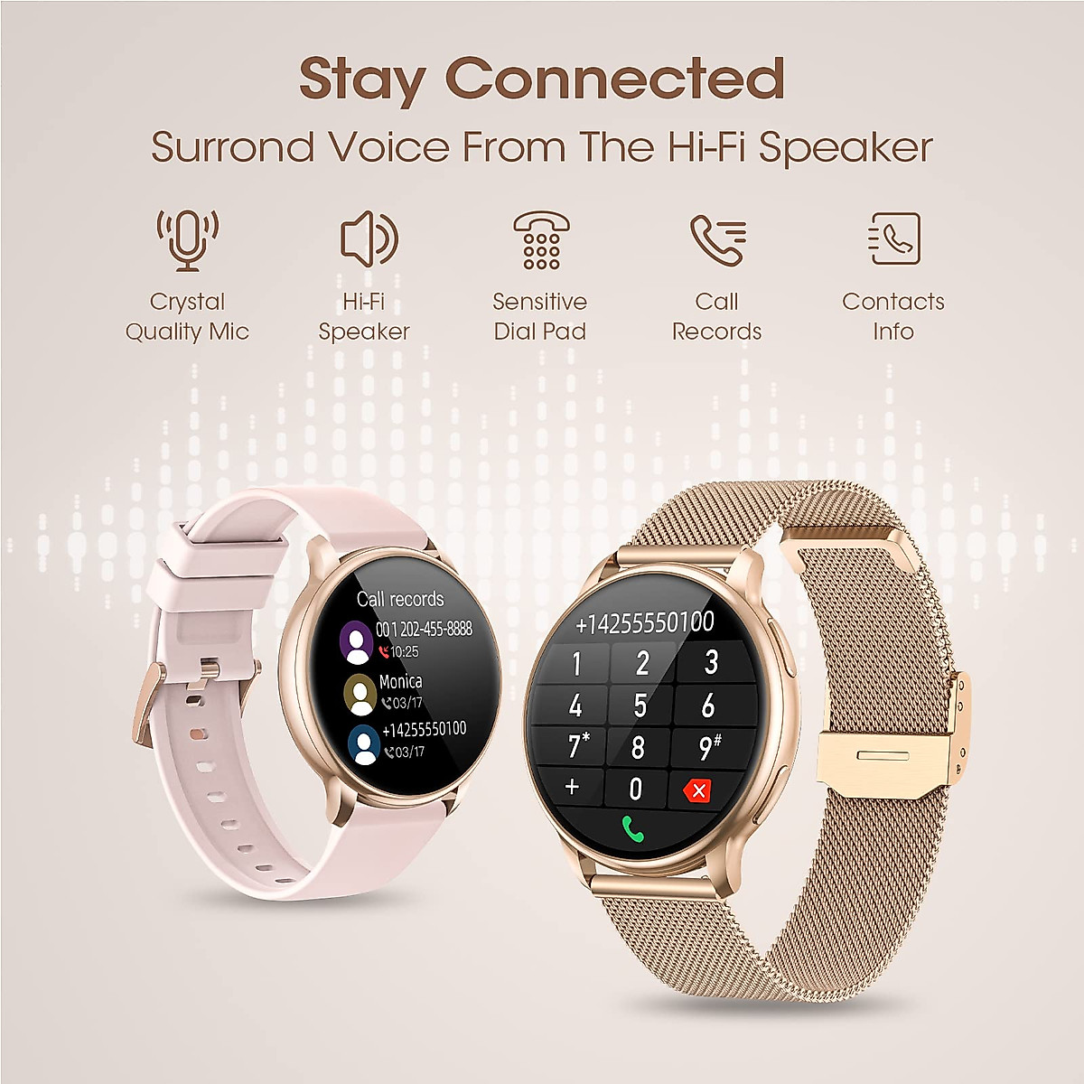Smart Watch for Women(Answer/Make Calls), 1.3'' AMOLED Bluetooth Smartwatch for Android Phones iPhone Compatible, IP68 Outdoor Fitness Tracker with Heart Rate, Blood Pressure, SpO2 Monitor, Watch Gold
