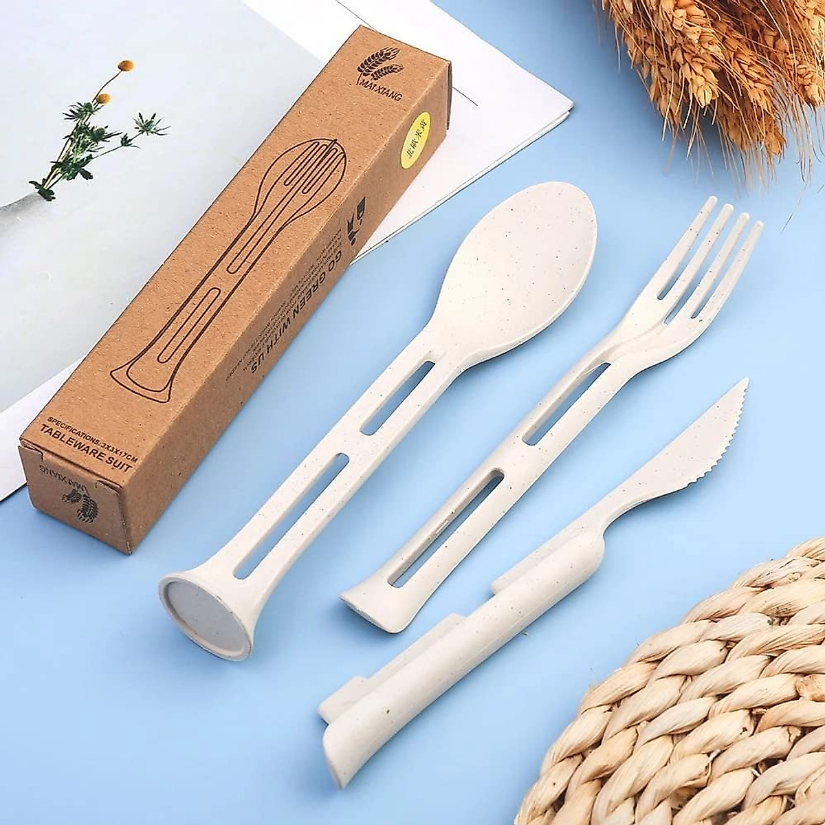3pcs/set 3 in 1 Travel Portable Cutlery Set Japan Style Wheat Straw Knife Fork Spoon Student Dinnerware Sets Kitchen Tableware (Green)