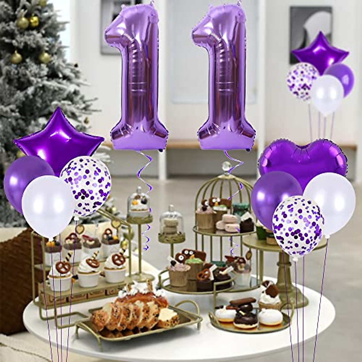 Maigendoo 11 Number Balloon Set Digit Balloons Latex Balloon Confetti Balloon Heart Star Moon Foil Mylar Balloon with Swirl Decorations for 11th Birthday Party Graduation Anniversary Event, Purple