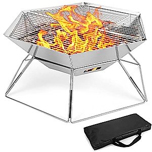 Odoland Collapsible Campfire Grill Camping Fire Pit, 304 Stainless Steel Grill Gate, Heavy Duty Portable Camping Grill Stove with Carrying Bag for Backpacking Hiking Picnic BBQ, Hexagon
