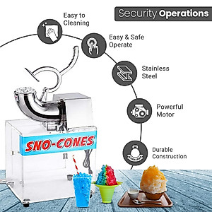 WYZworks Stainless Steel 440 lbs/hr Electric Ice Shaver Machine with Dual Blades 250W Ice Crusher Snow Cone Maker Machines w Acrylic Box for Home, Restaurants, Bars, Party