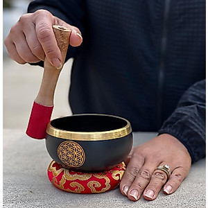 Tibetan Flower Of Life Singing Bowl Mallet Cushion Set ~ For Meditation, Yoga, Spiritual Healing and Mindfulness ~ Medium (Black)